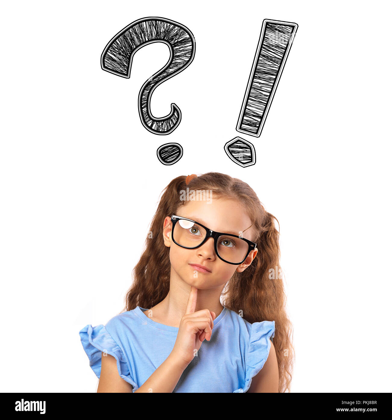 Thinking cute small kid girl in eyeglasses with question and ...