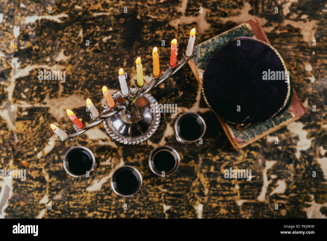 jewish symbol jewish holiday Hanukkah with menorah and four glasses ...