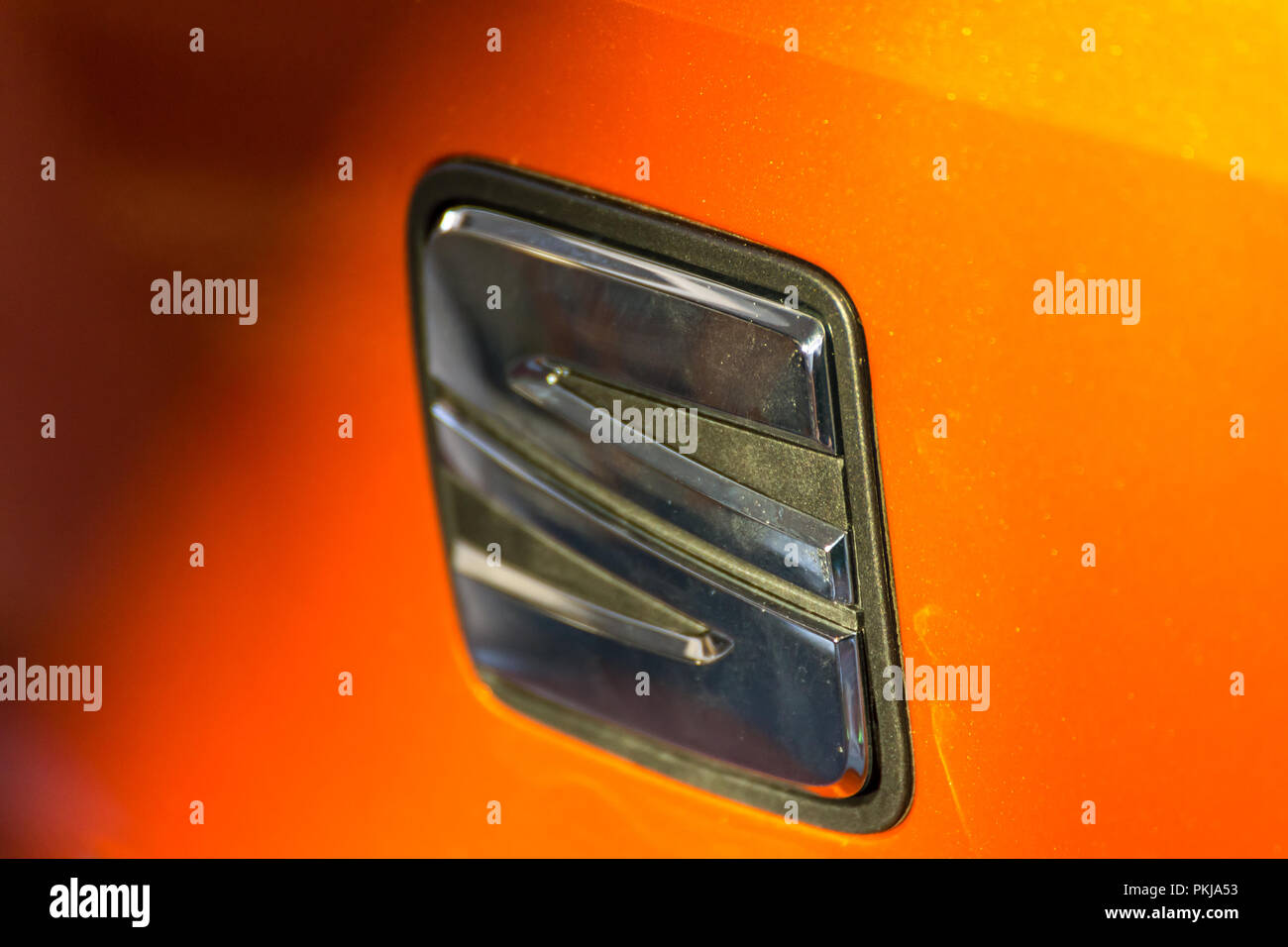 LUGO, ITALY - September 11, 2018: light enlightening SEAT logo on a car ...