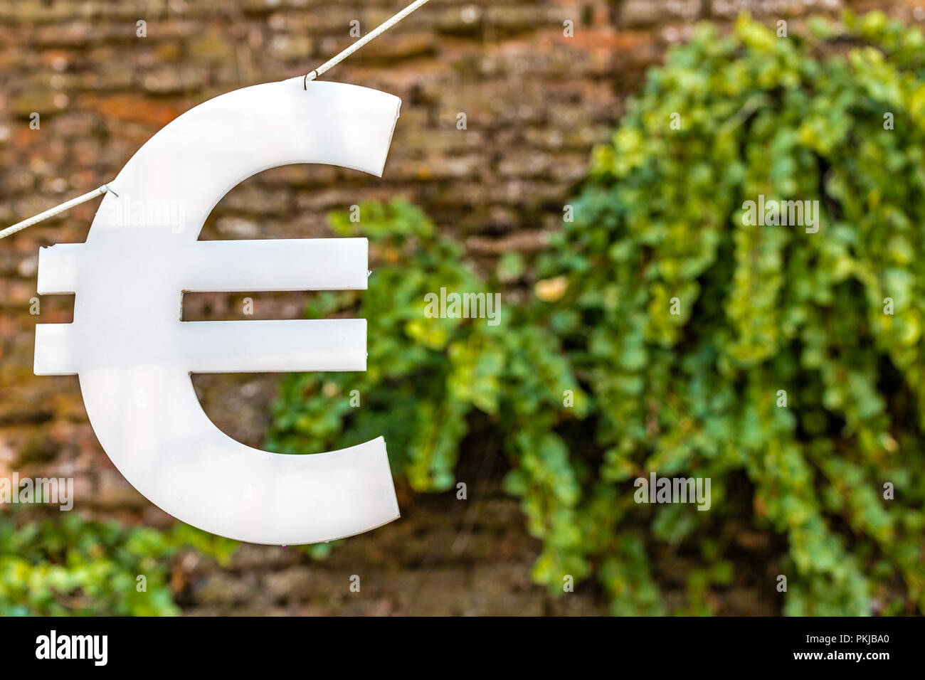 white euro sign hanging on green background Stock Photo - Alamy