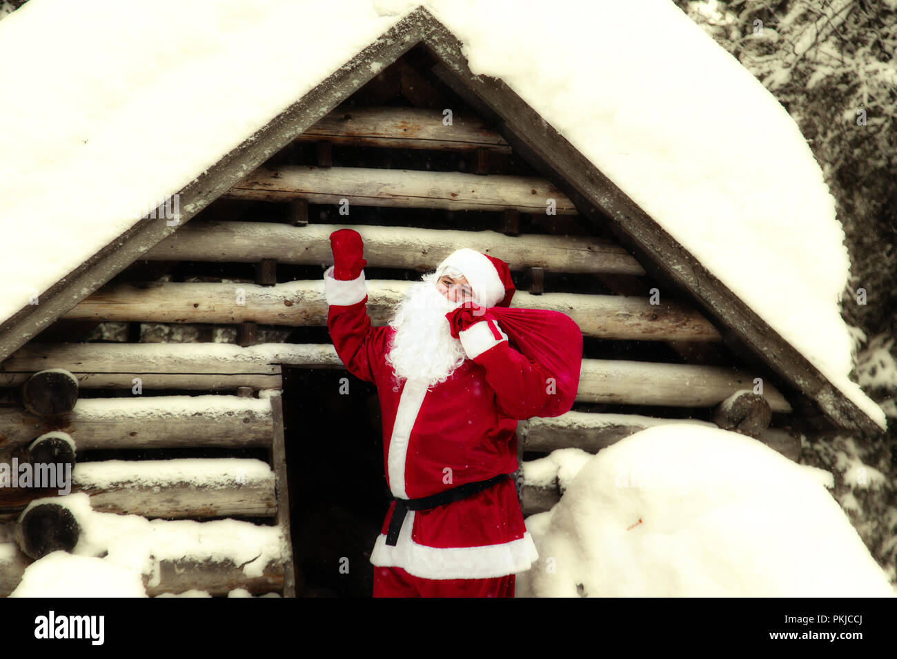 Joyful Santa Claus in his house. The home of Santa Claus at the North ...