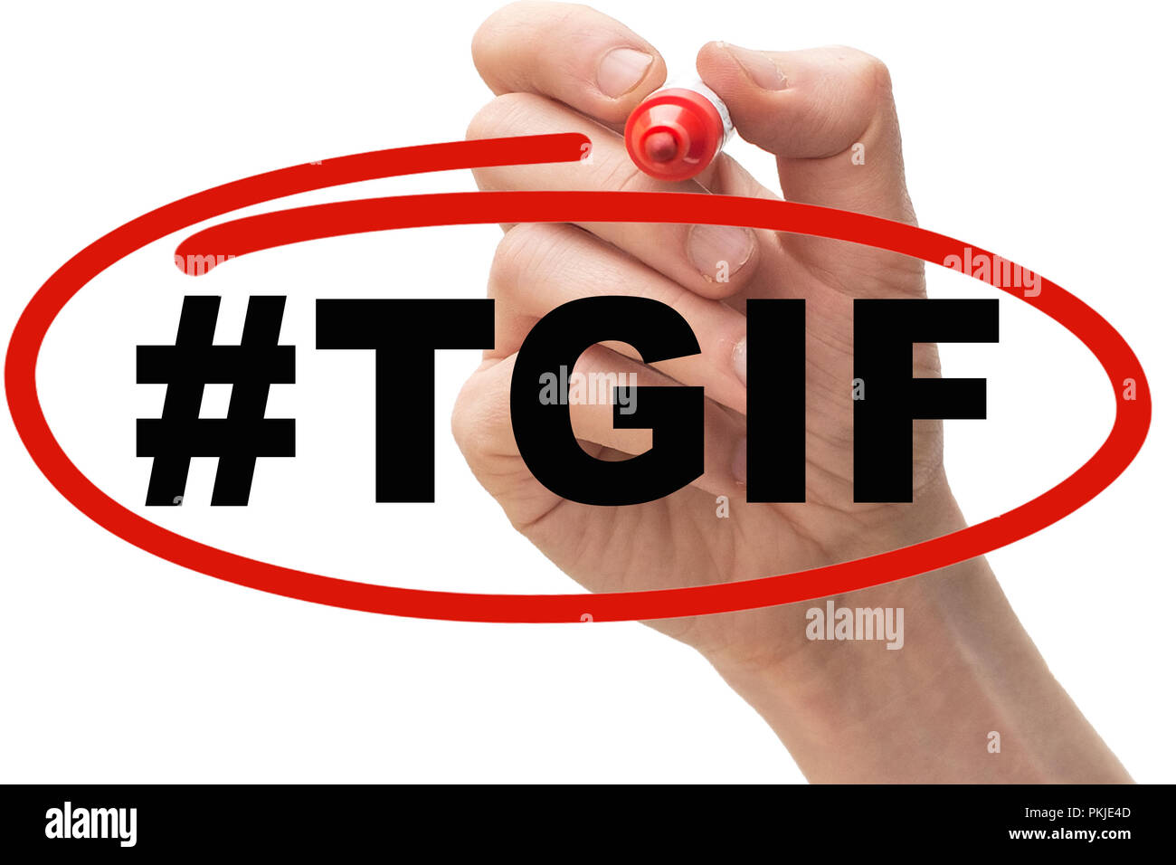 Hand drawing a red circle around the text #TGIF Stock Photo - Alamy