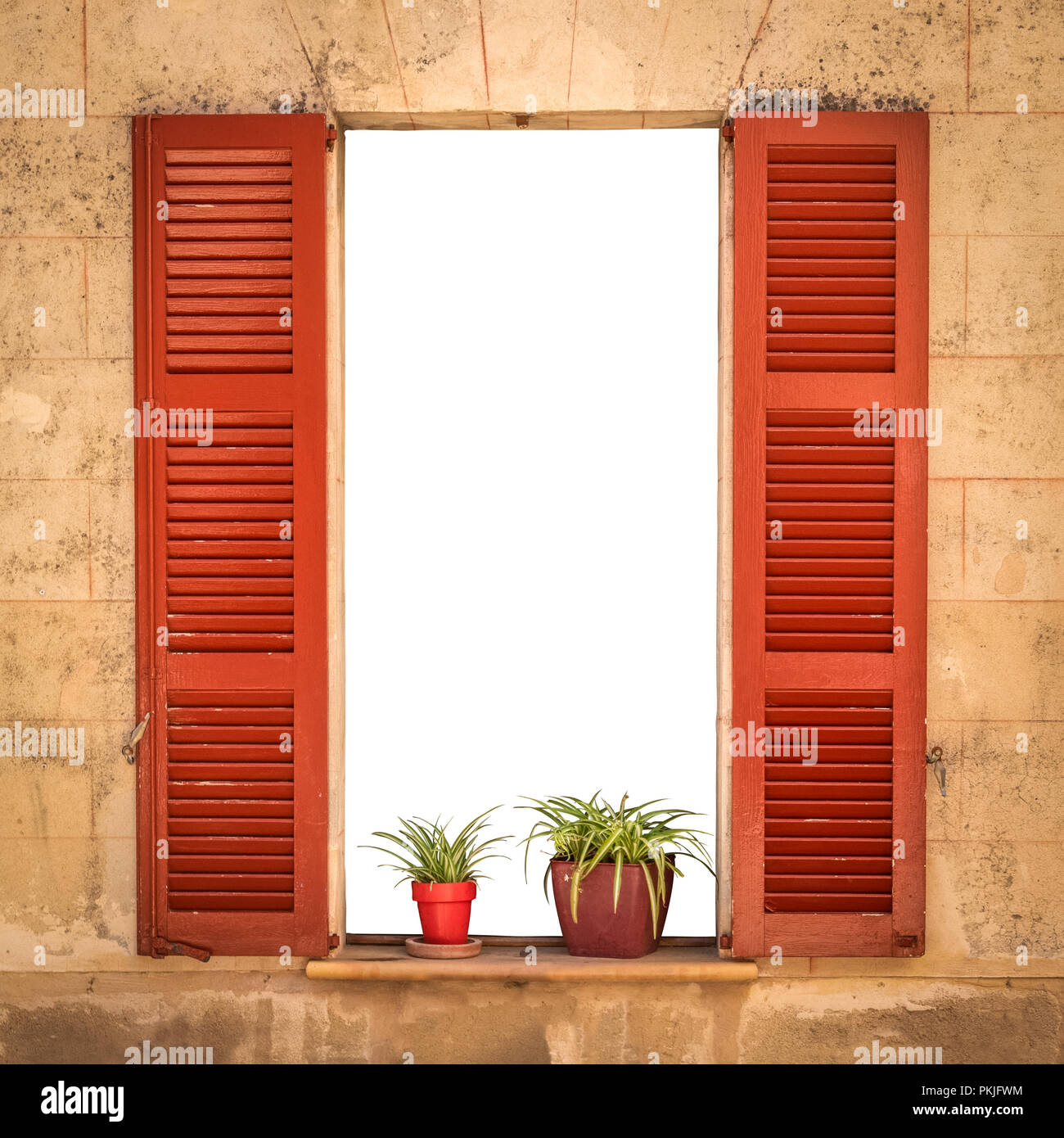Open Villa Window With Red Shutters And Isolated Space For Text Stock ...