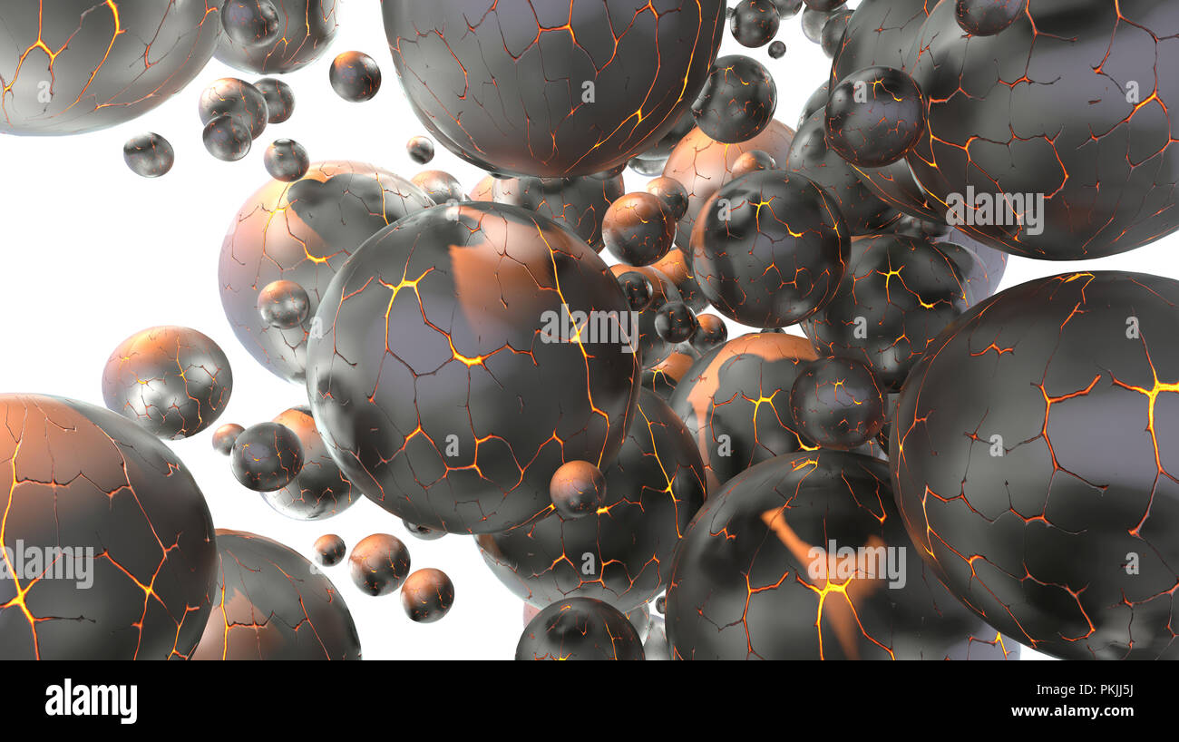 Abstract 3D illustration background full of cracked fire lava spheres ...