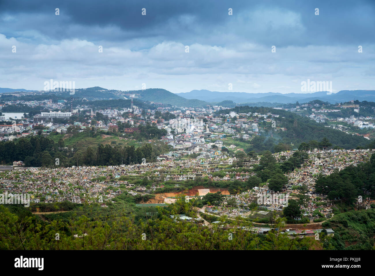 The panoramic view of Dalat city from Du Sinh hill a cloudy day. The ...