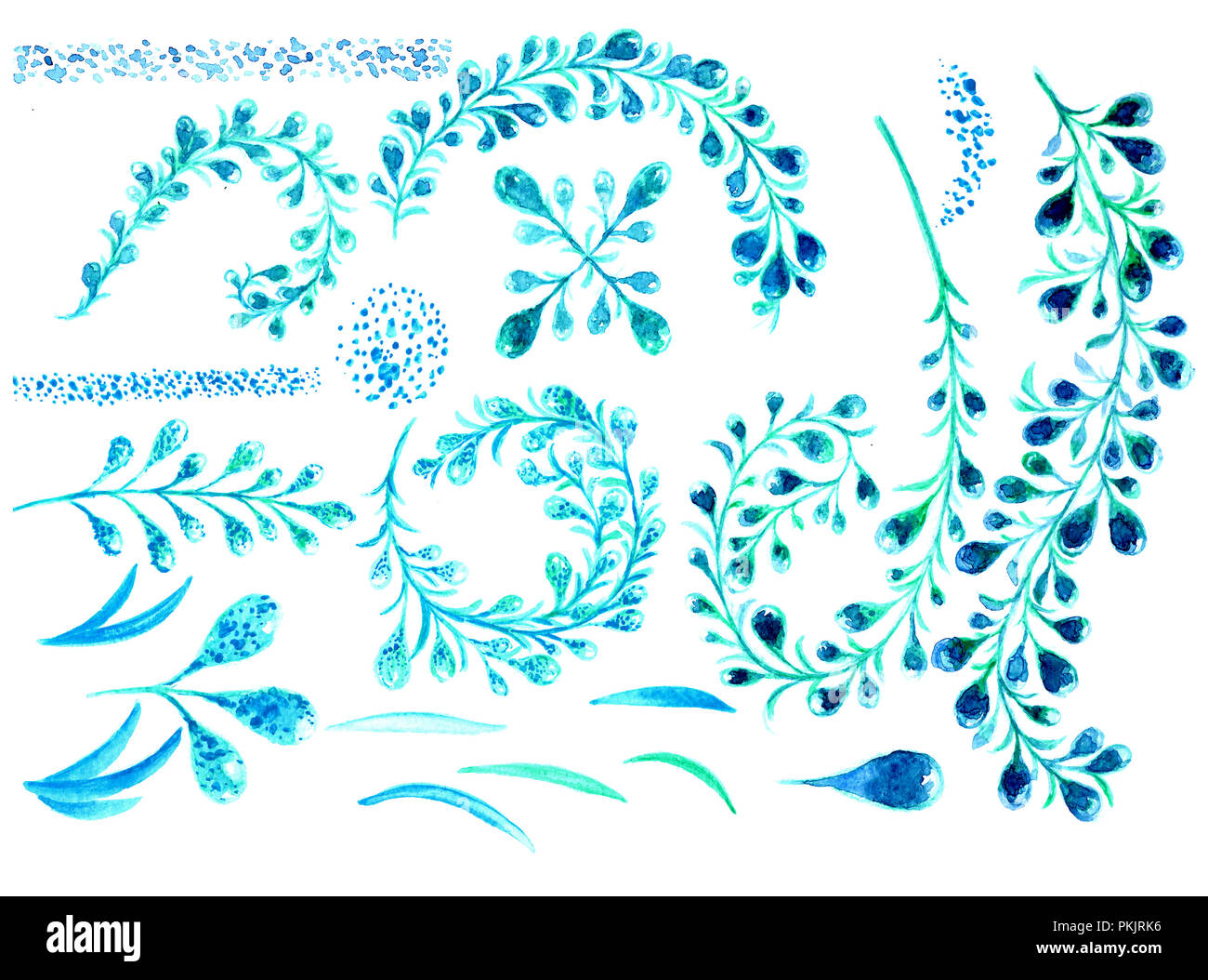 Watercolor floral set.Colorful blue and green floral collection with ...