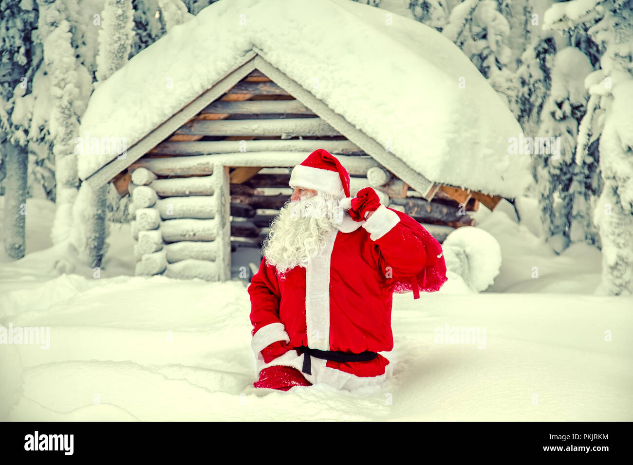 Authentic Santa Claus in Lapland. Magnificent snow-covered landscape ...