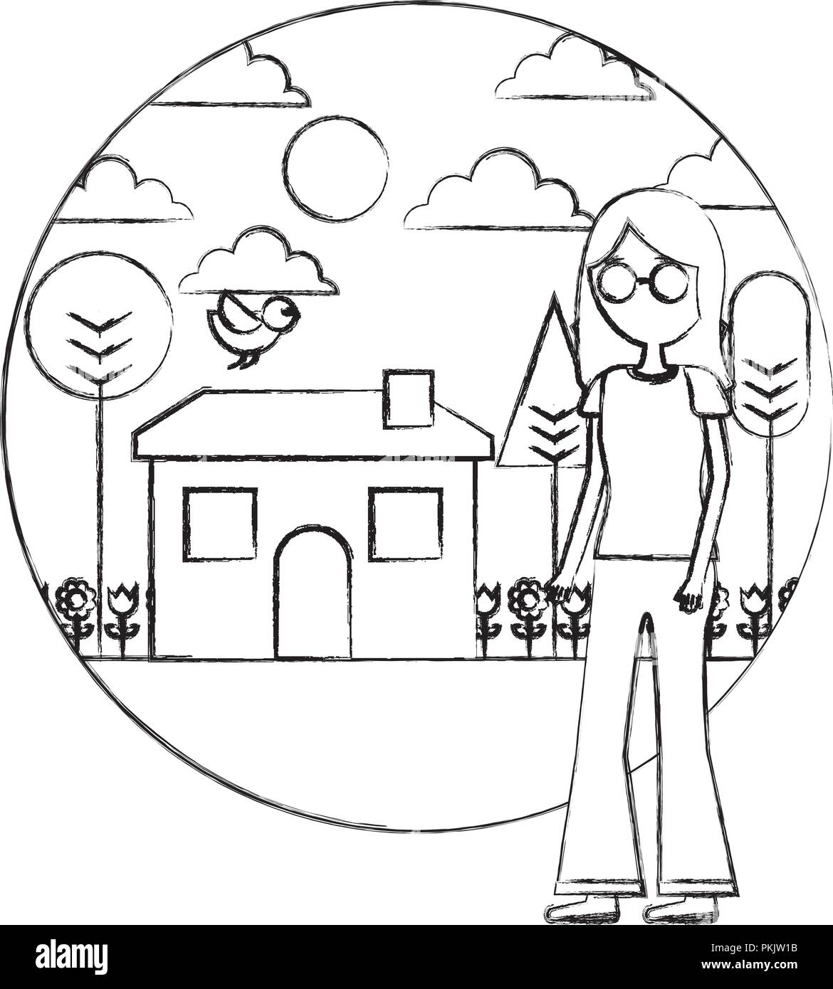 woman standing near house garden landscape vector illustration hand ...