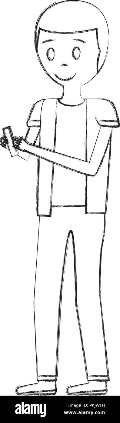 young man using mobile device vector illustration hand drawing Stock ...