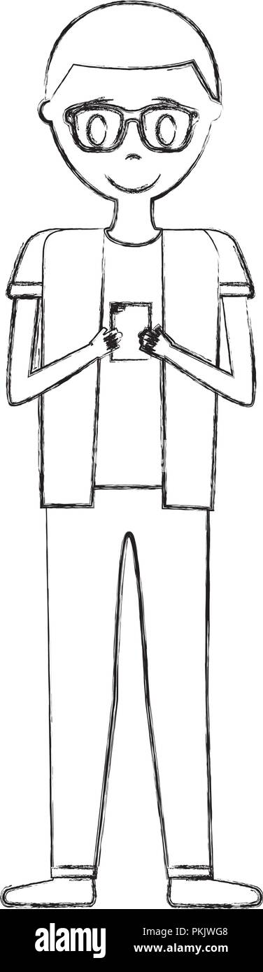 young man using mobile device vector illustration hand drawing Stock ...