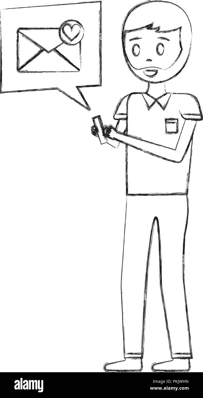 man using mobile chatting love message vector illustration hand drawing ...
