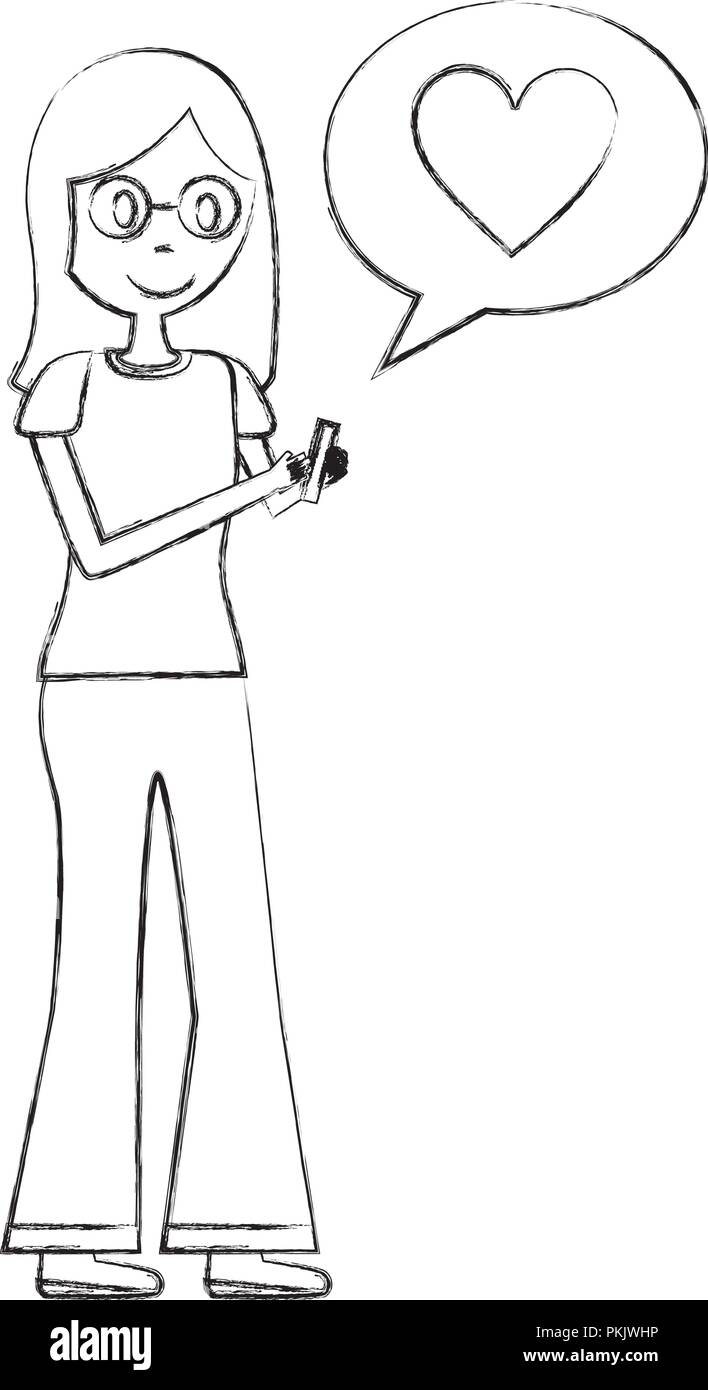 young woman with mobile chatting love vector illustration hand drawing ...