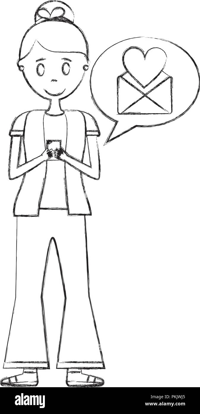 young woman using mobile email romantic message vector illustration ...