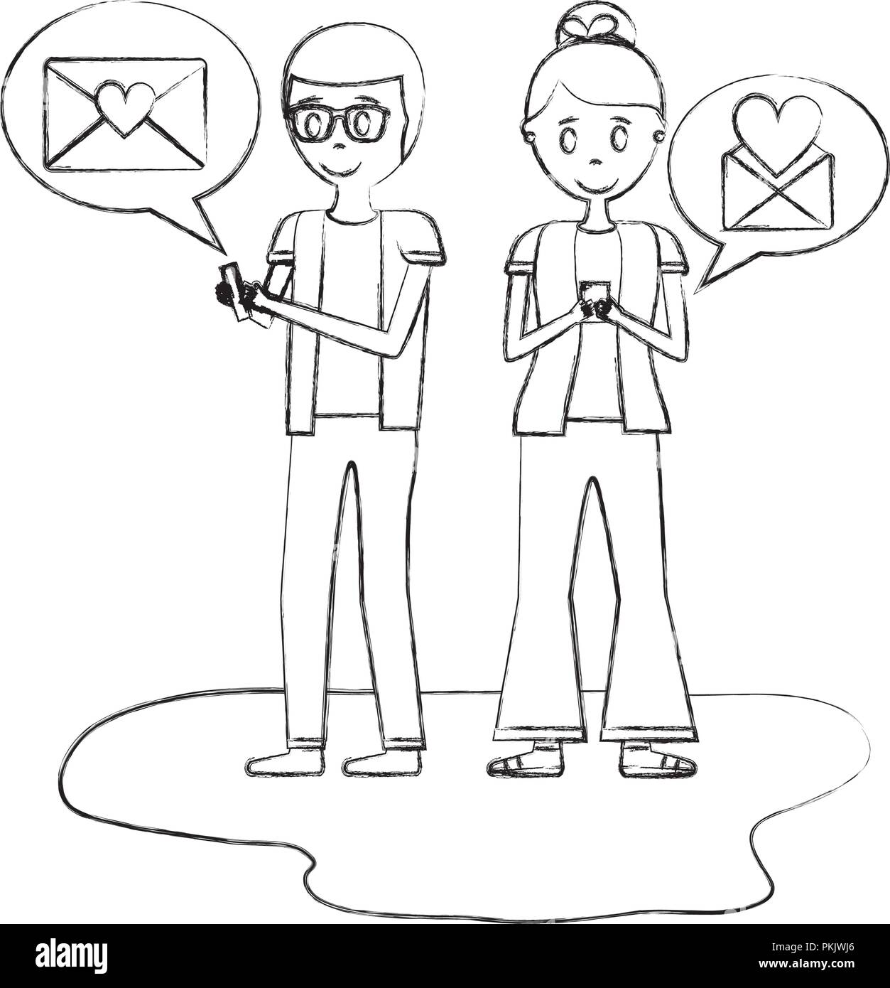young couple with cellphone chatting mobile love vector illustration ...
