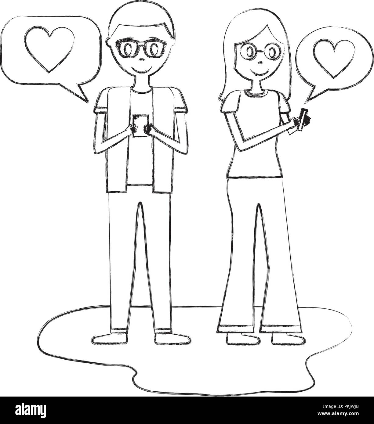young couple with cellphone chatting mobile love vector illustration ...