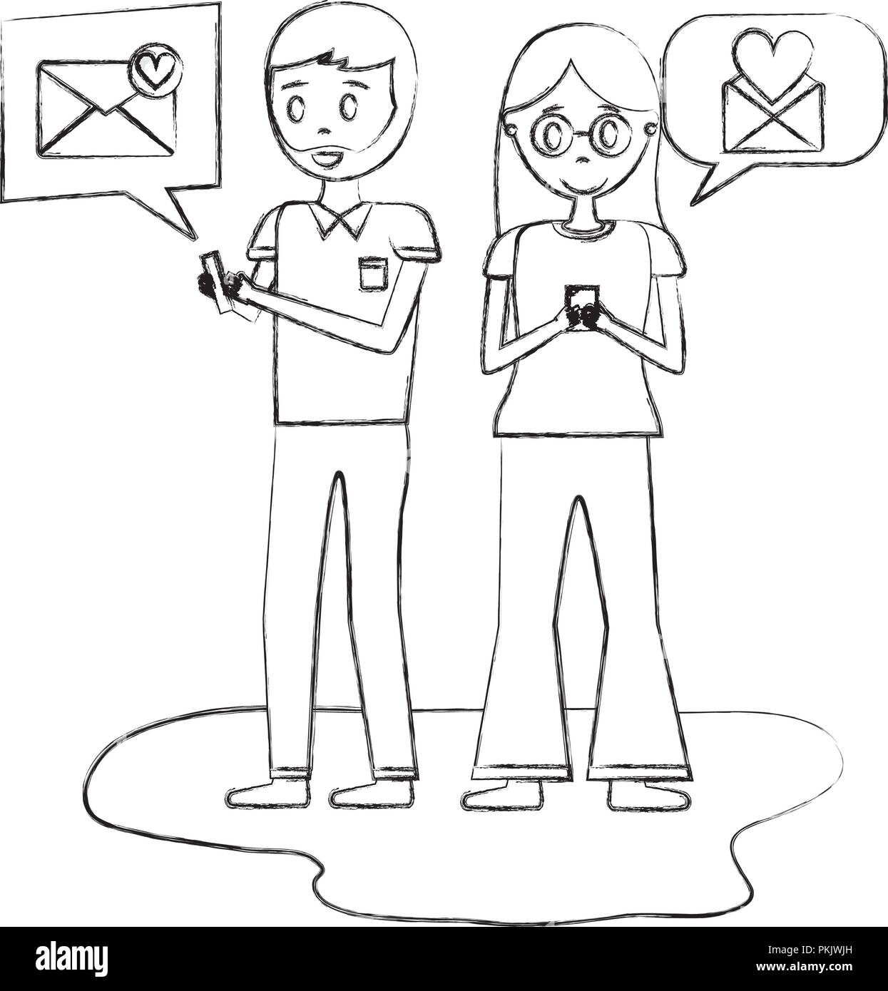 young couple with cellphone chatting mobile love vector illustration ...