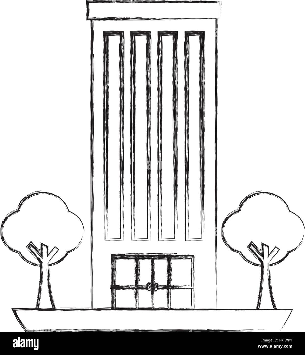 building architecture facade exterior trees vector illustration hand ...