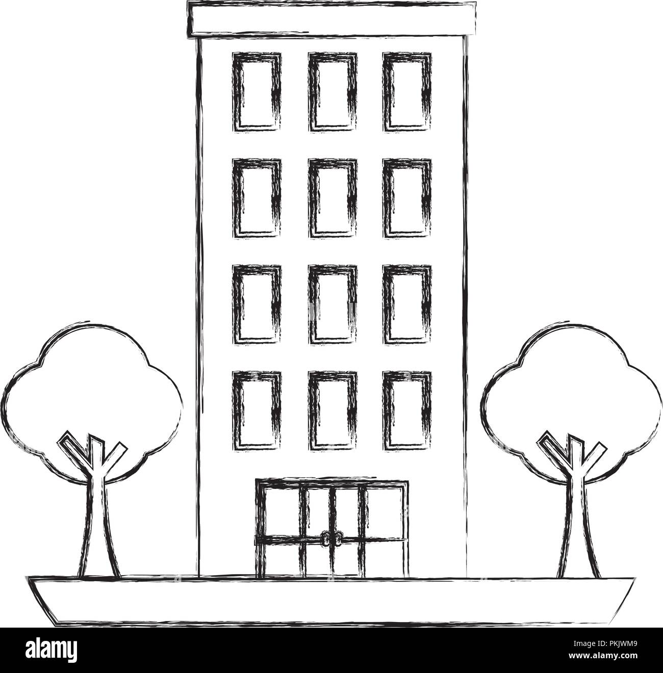 building architecture facade exterior trees vector illustration hand ...