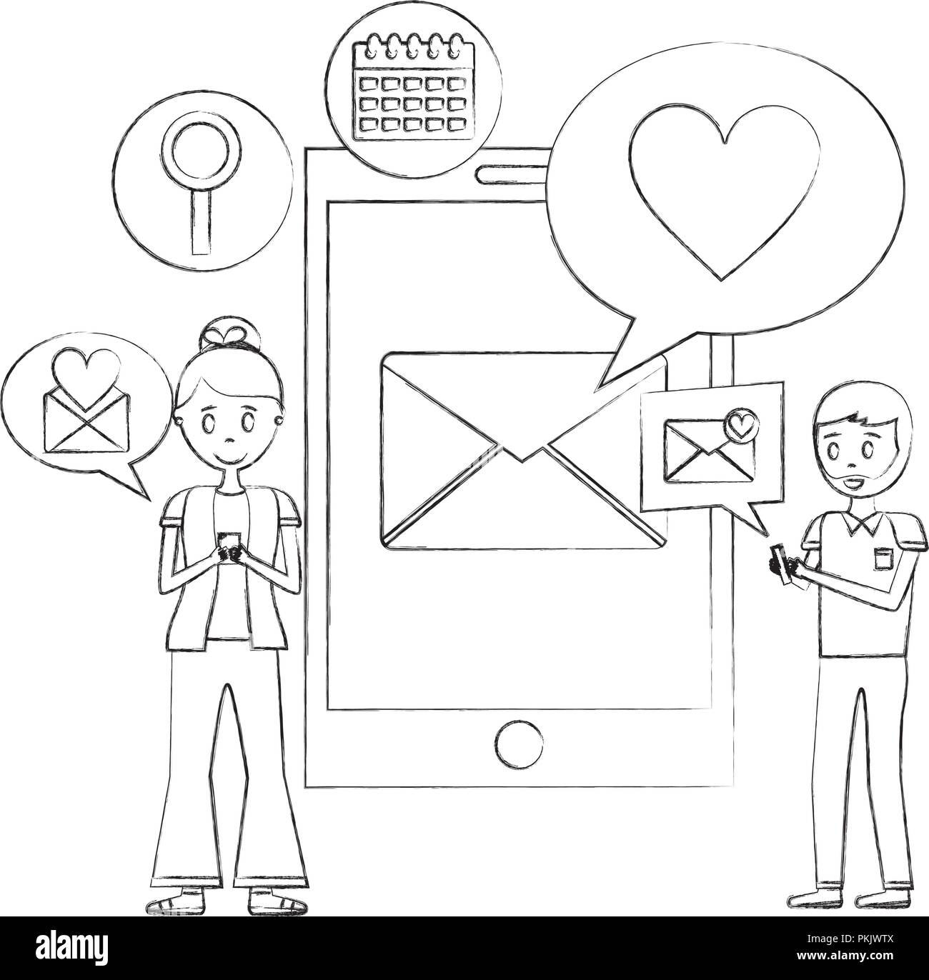 couple with smartphone mobile love chat message romantic vector ...