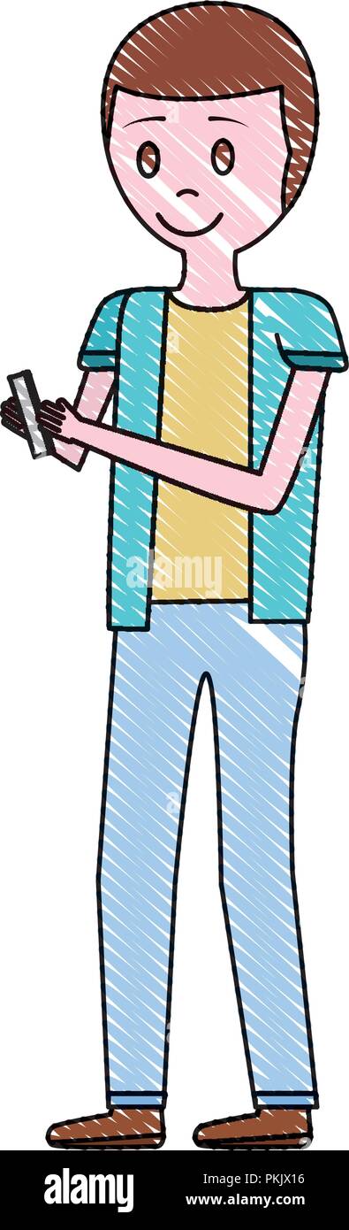 young man using mobile device vector illustration Stock Vector Image ...