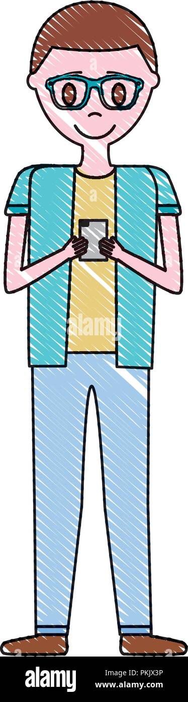 young man using mobile device vector illustration Stock Vector Image ...