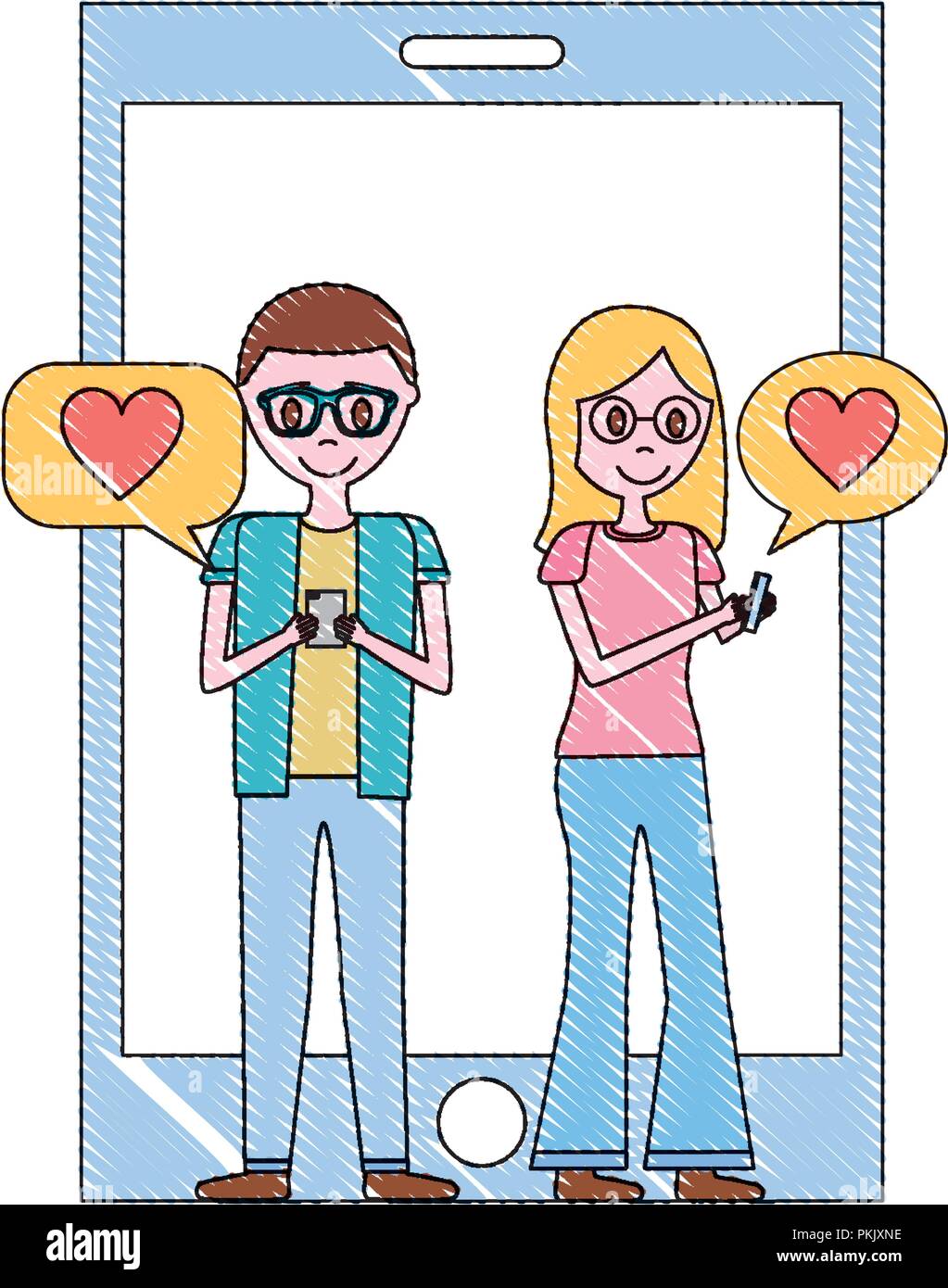 couple with smartphone mobile love chat message romantic vector ...