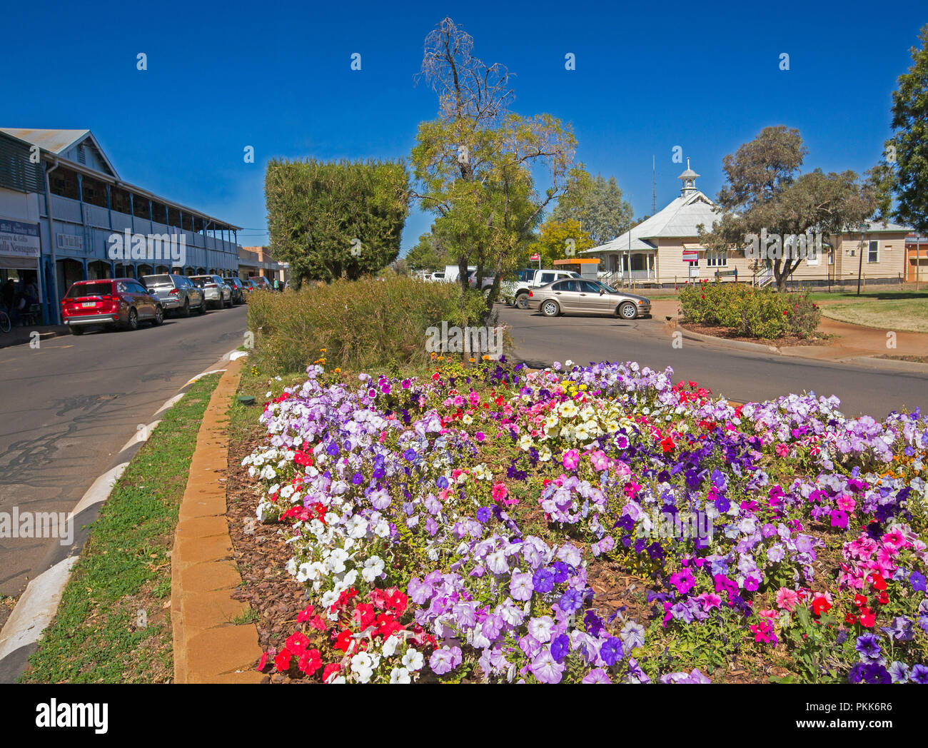 Main street of Australian outback town of Cunnamulla with colourful bed ...