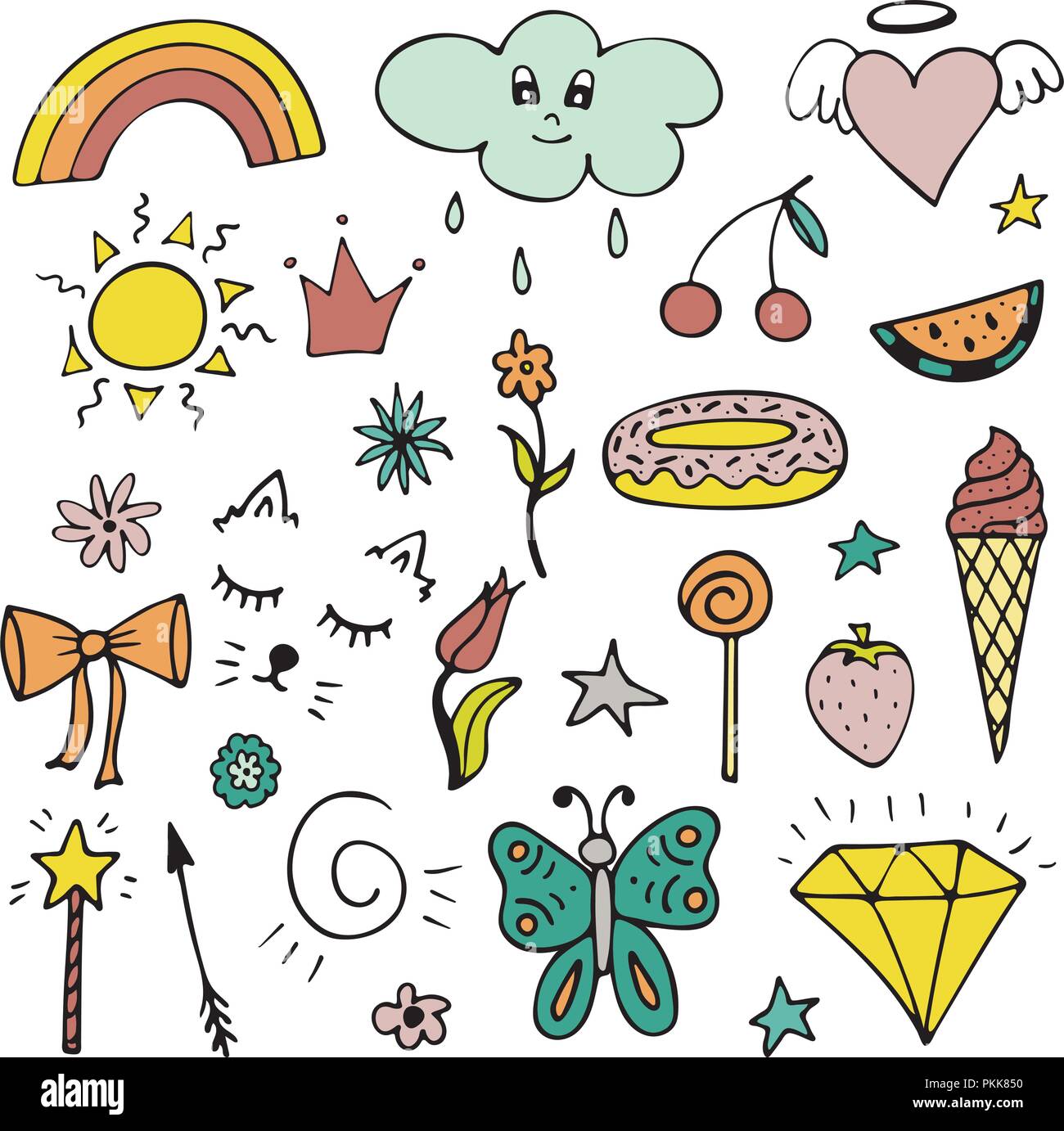 Vector set of lovely hand-drawn stickers. Isolated illustrations Stock ...