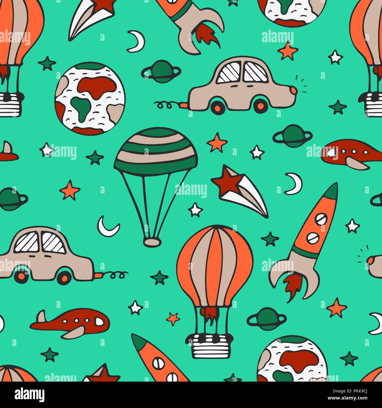 Bright seamless pattern for design with car, a rocket and balloons ...