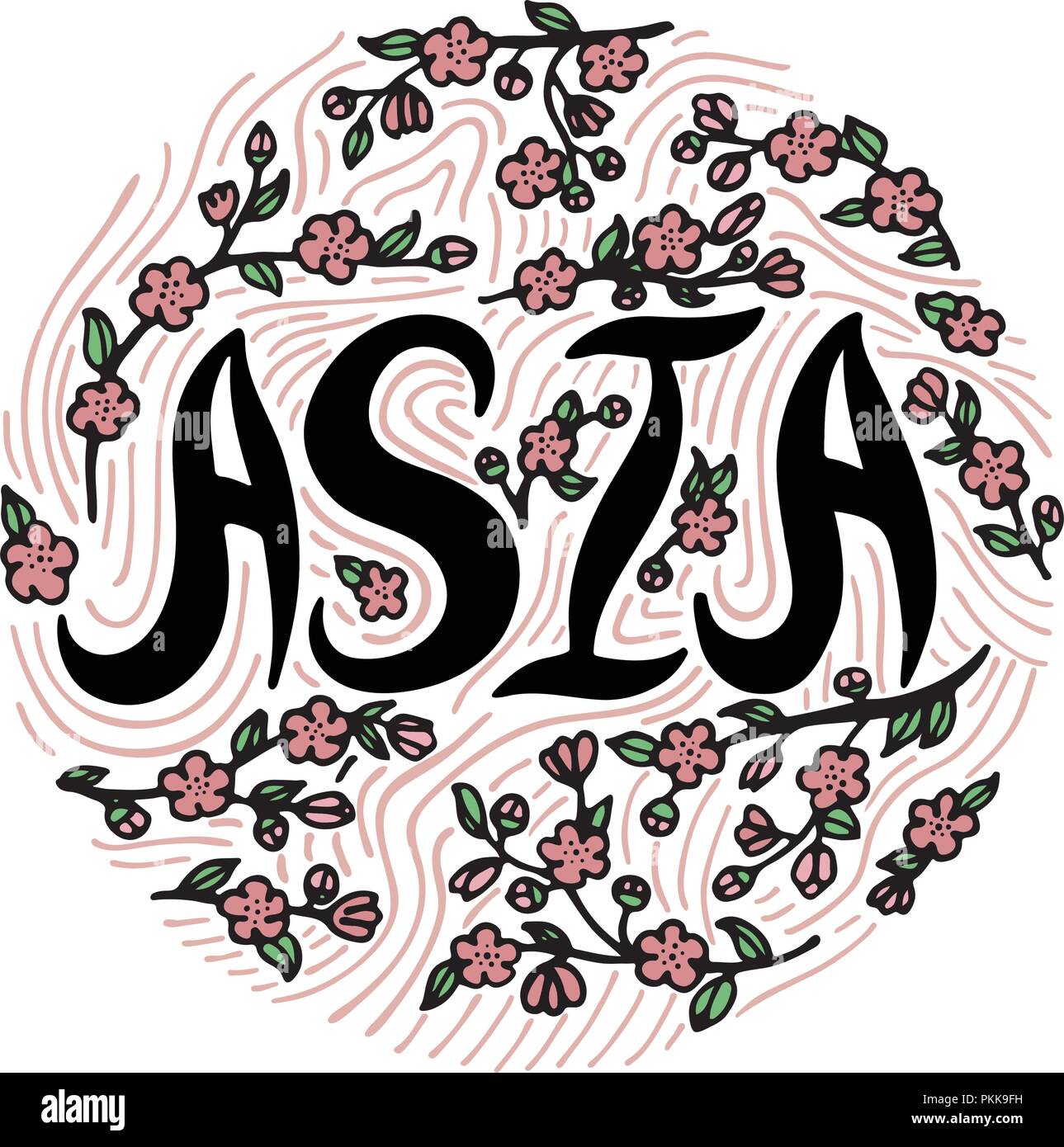 Hand-drawn lettering Asia with oriental cherry doodles. Round form ...