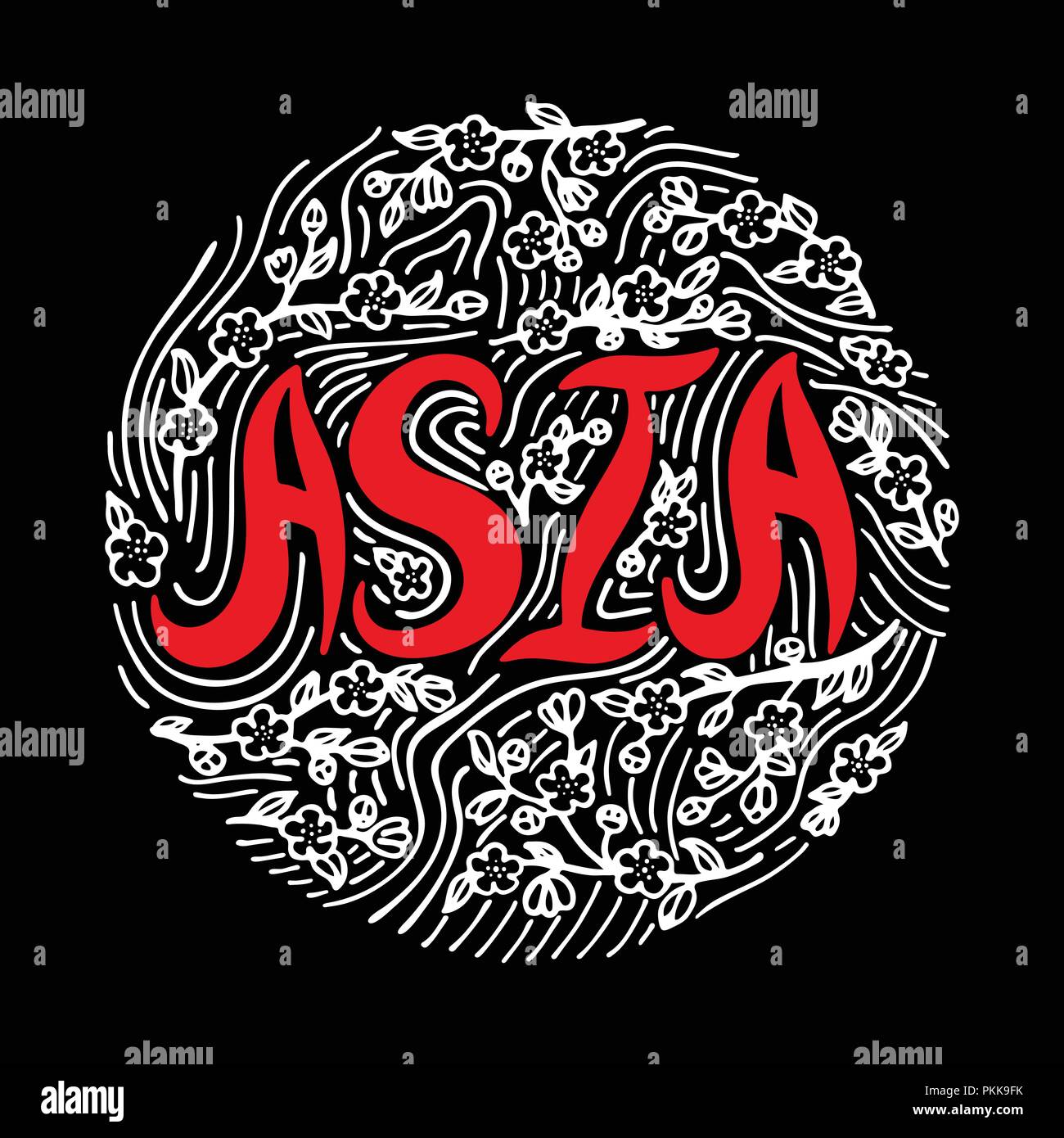 Hand-drawn lettering Asia with oriental cherry doodles. Round form ...