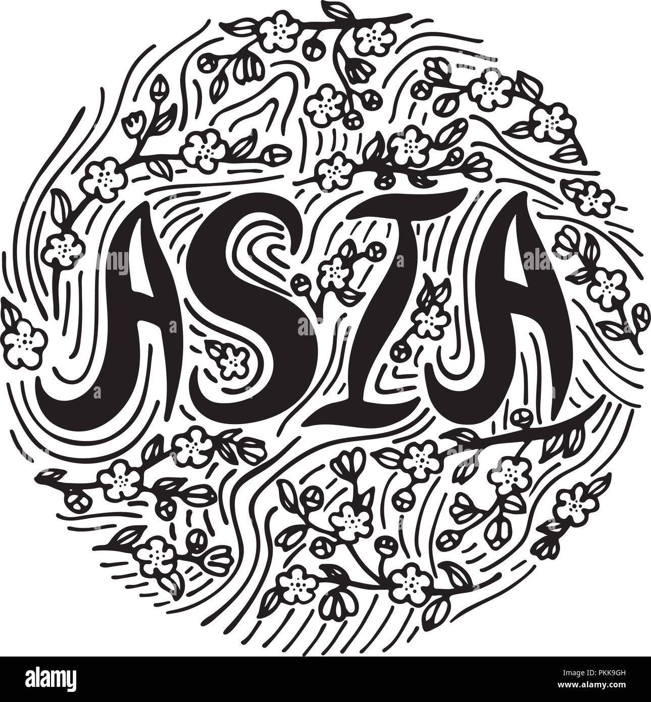 Hand-drawn lettering Asia with oriental cherry doodles. Round form ...