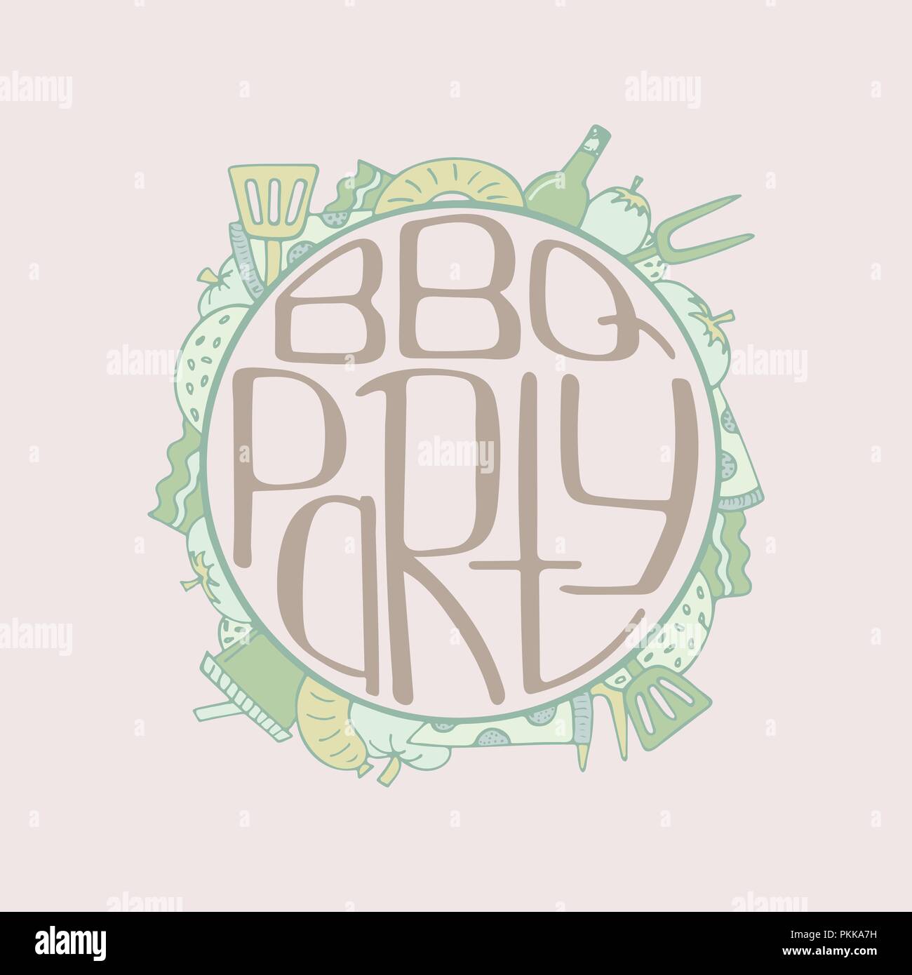 Unique illustration with a hand-drawn lettering for the BBQ Party ...