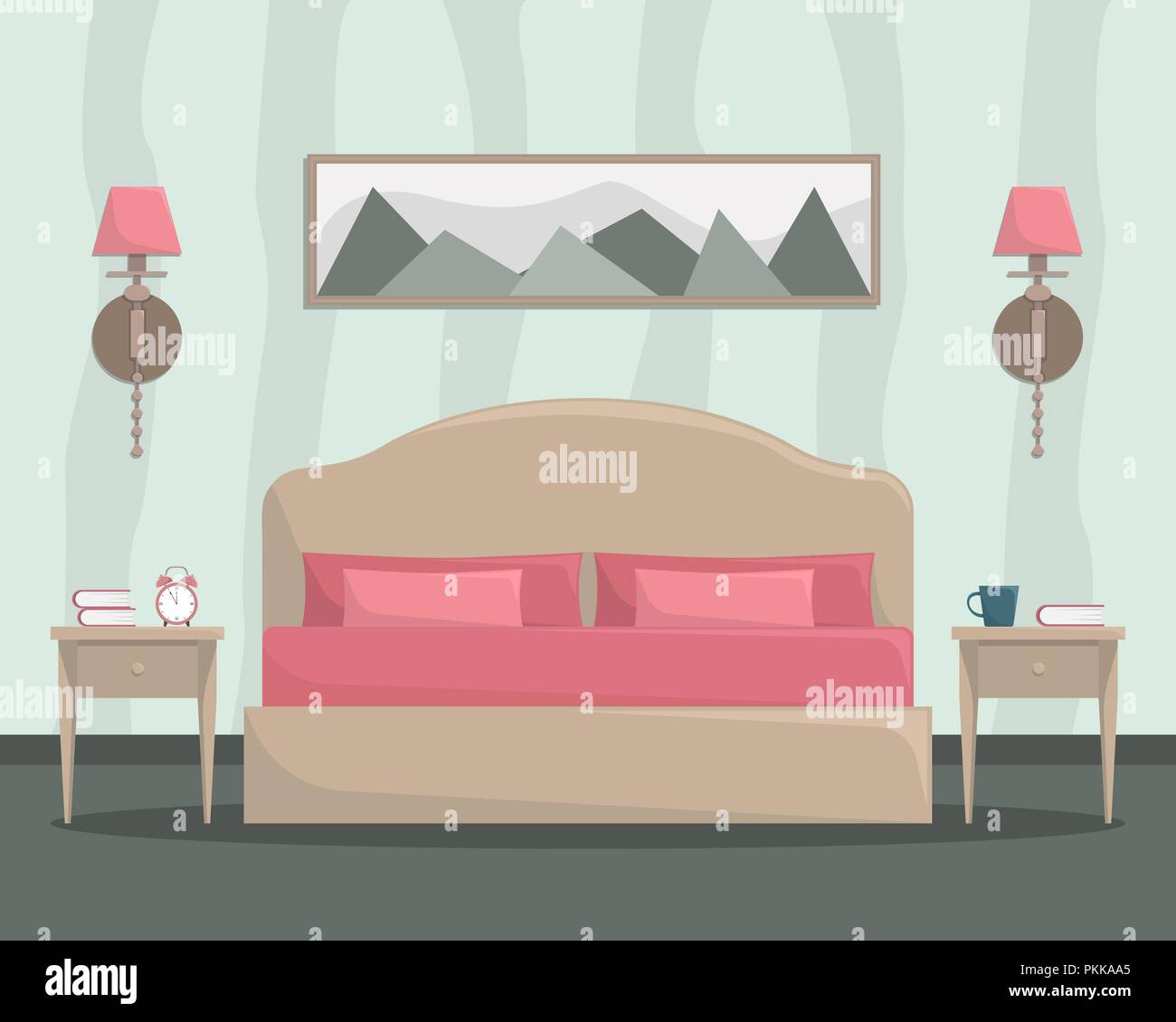 Vector flat illustration of bedroom interior with bed and bedside ...