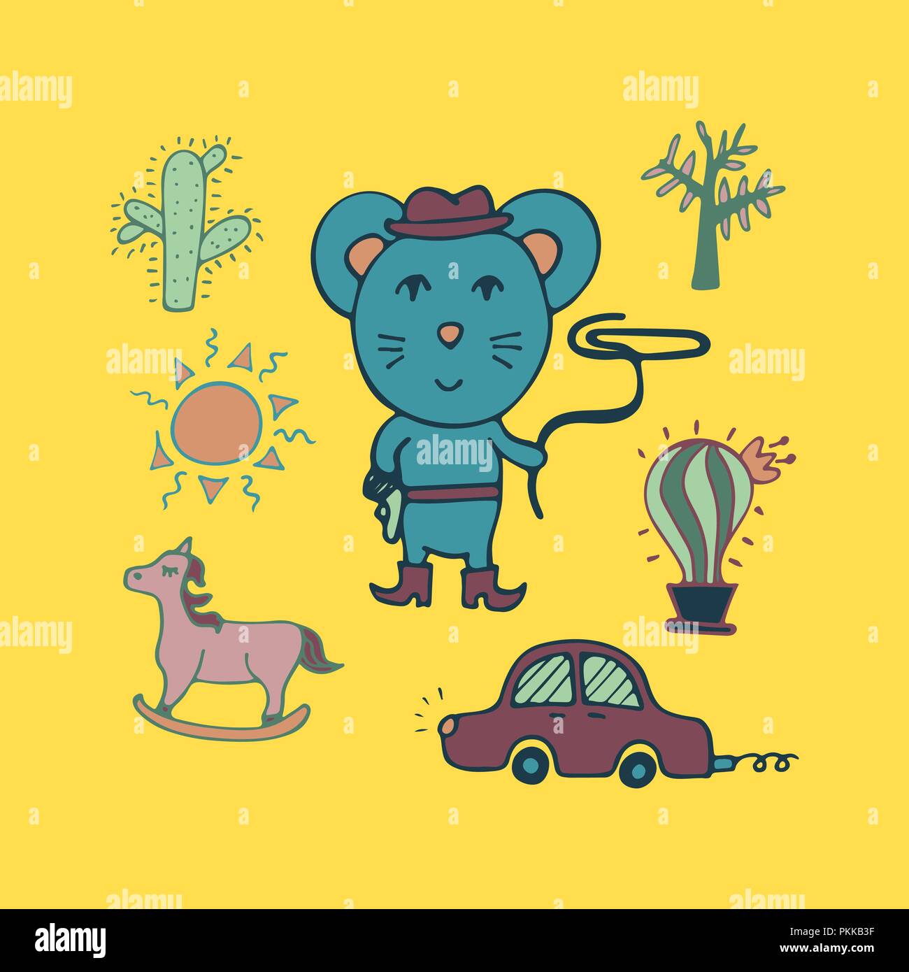 Hand-drawn mouse the cowboy with a lasso and in a hat Stock Vector ...