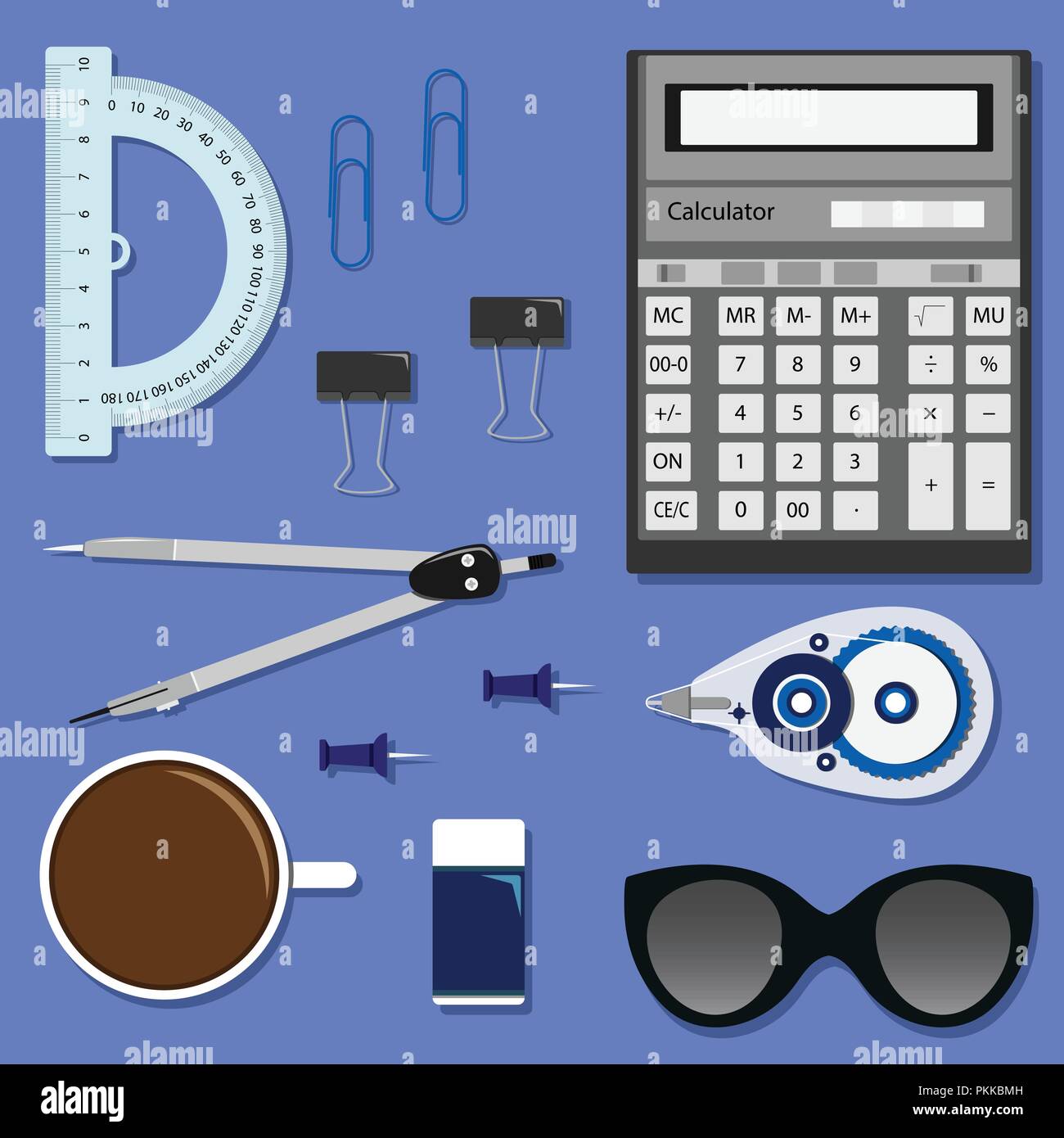 Flat set of stationery on the table. School or office vector set Stock ...