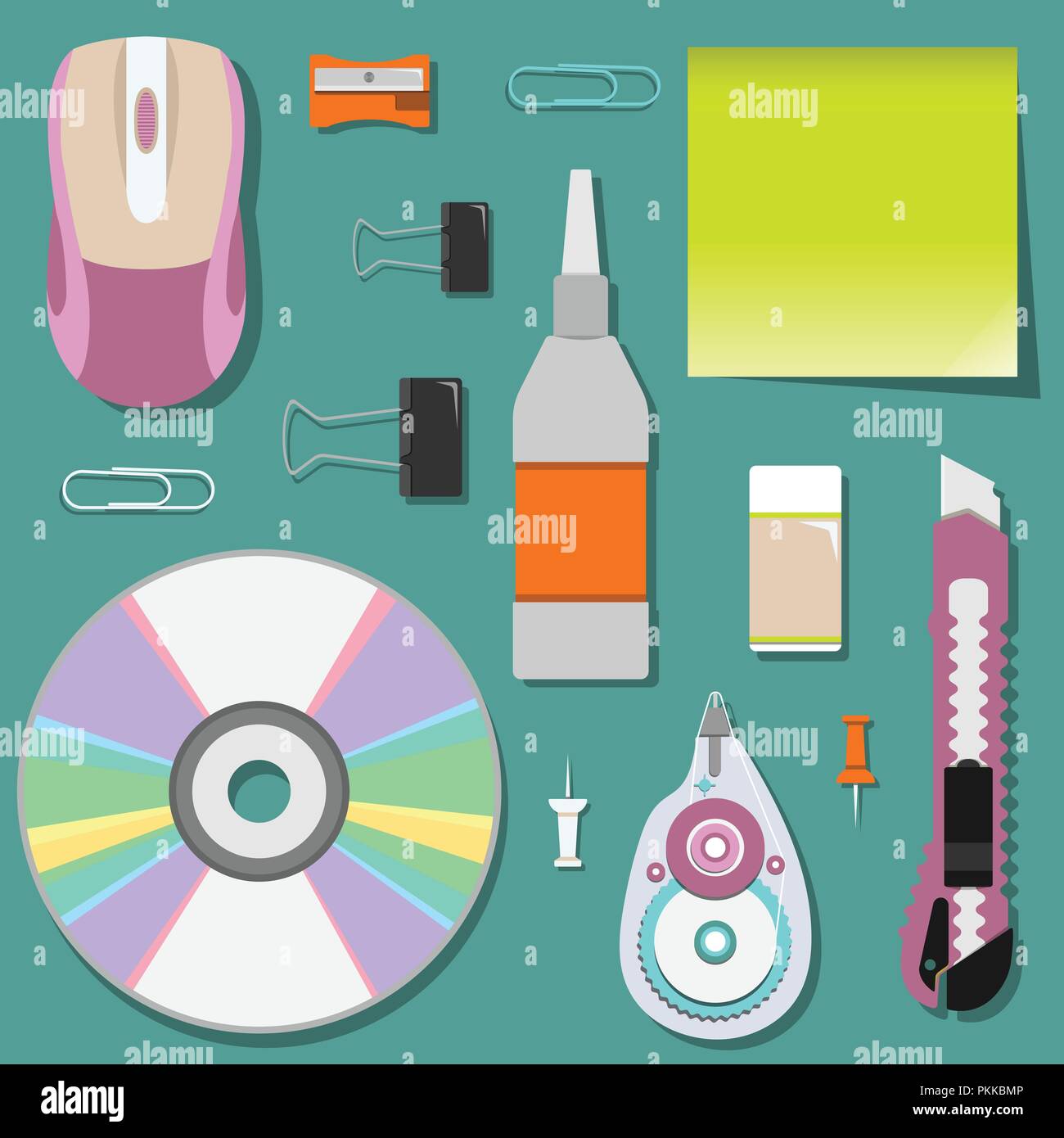 Flat set of stationery on the table for office or school Stock Vector ...