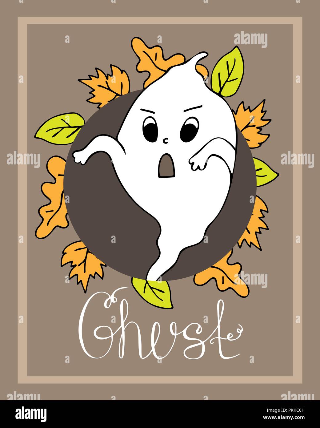 Halloween poster with a white ghost and autumn leaves Stock Vector ...