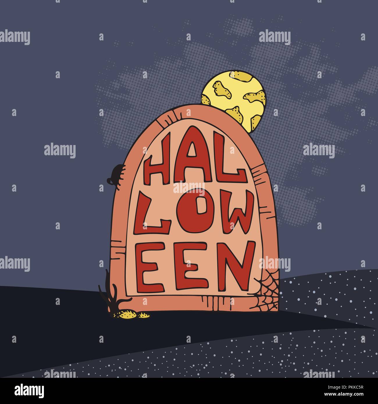 Hand-drawn vector poster for halloween party. Gravestone with the full ...