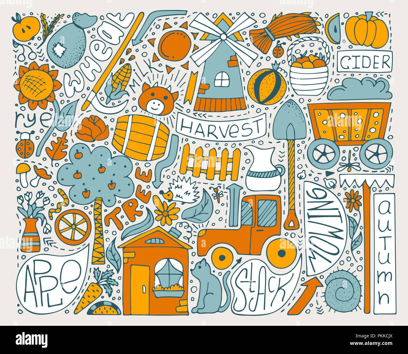 Harvest Doodles Thanksgiving Set Hand Draw On Doodles Stock Vector