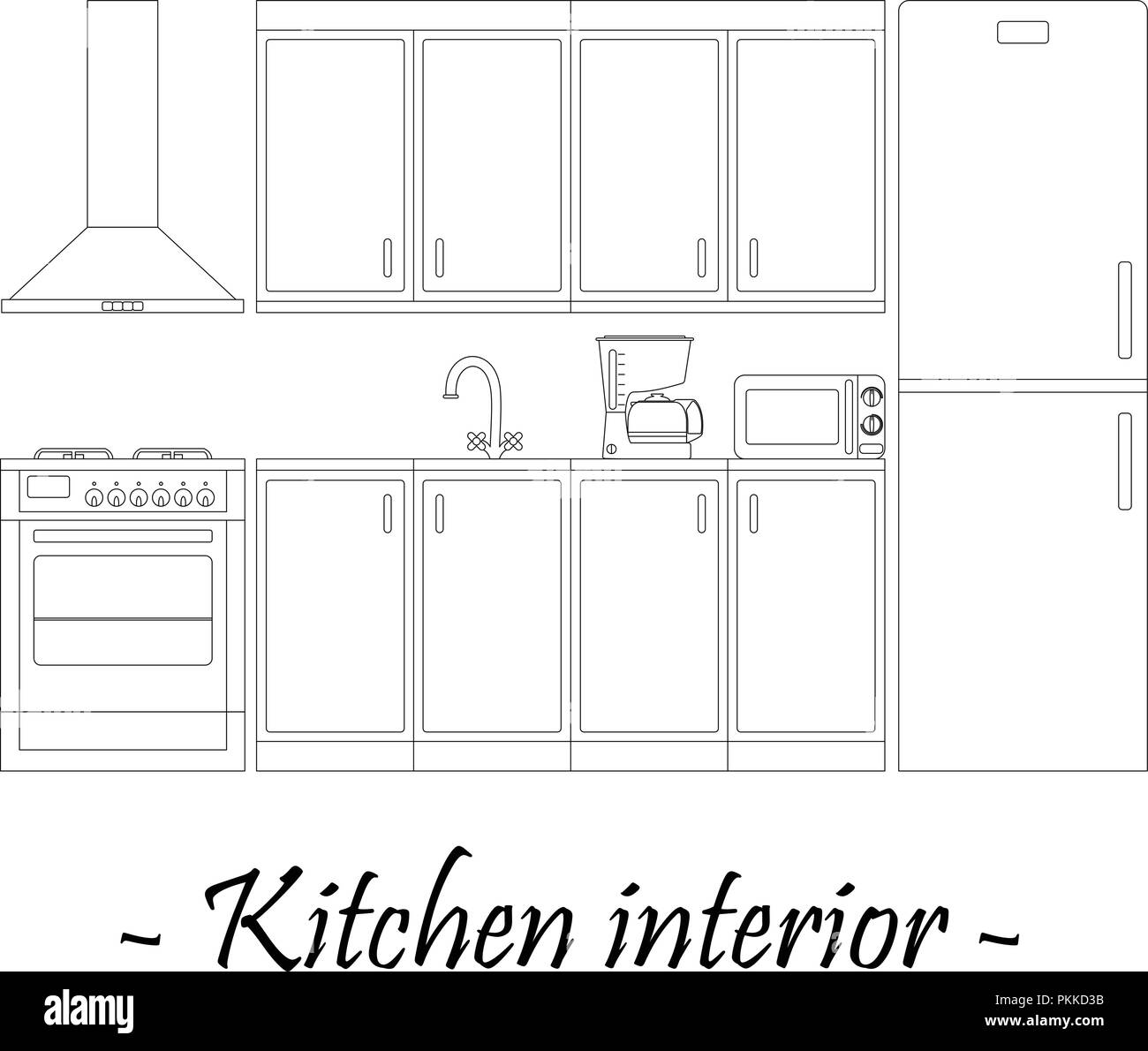 Black-and-white vector illustration of a kitchen interior Stock Vector ...