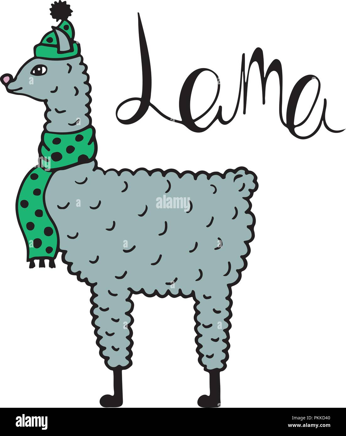 Cute hand-drawn illustration of a lama in a cap and a scarf. Hand-drawn ...