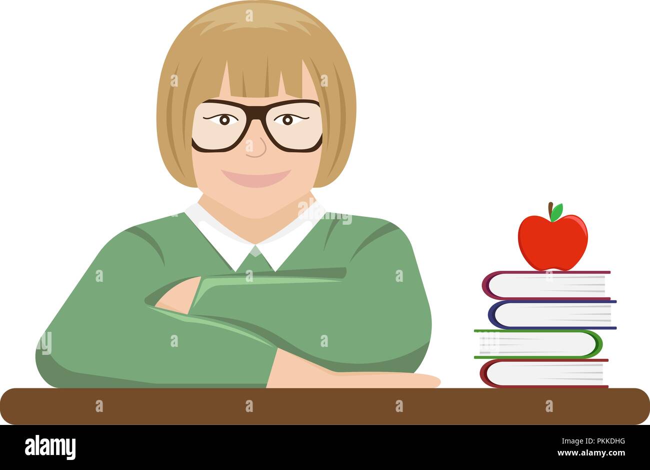 Vector illustration of the school student behind a school desk with ...