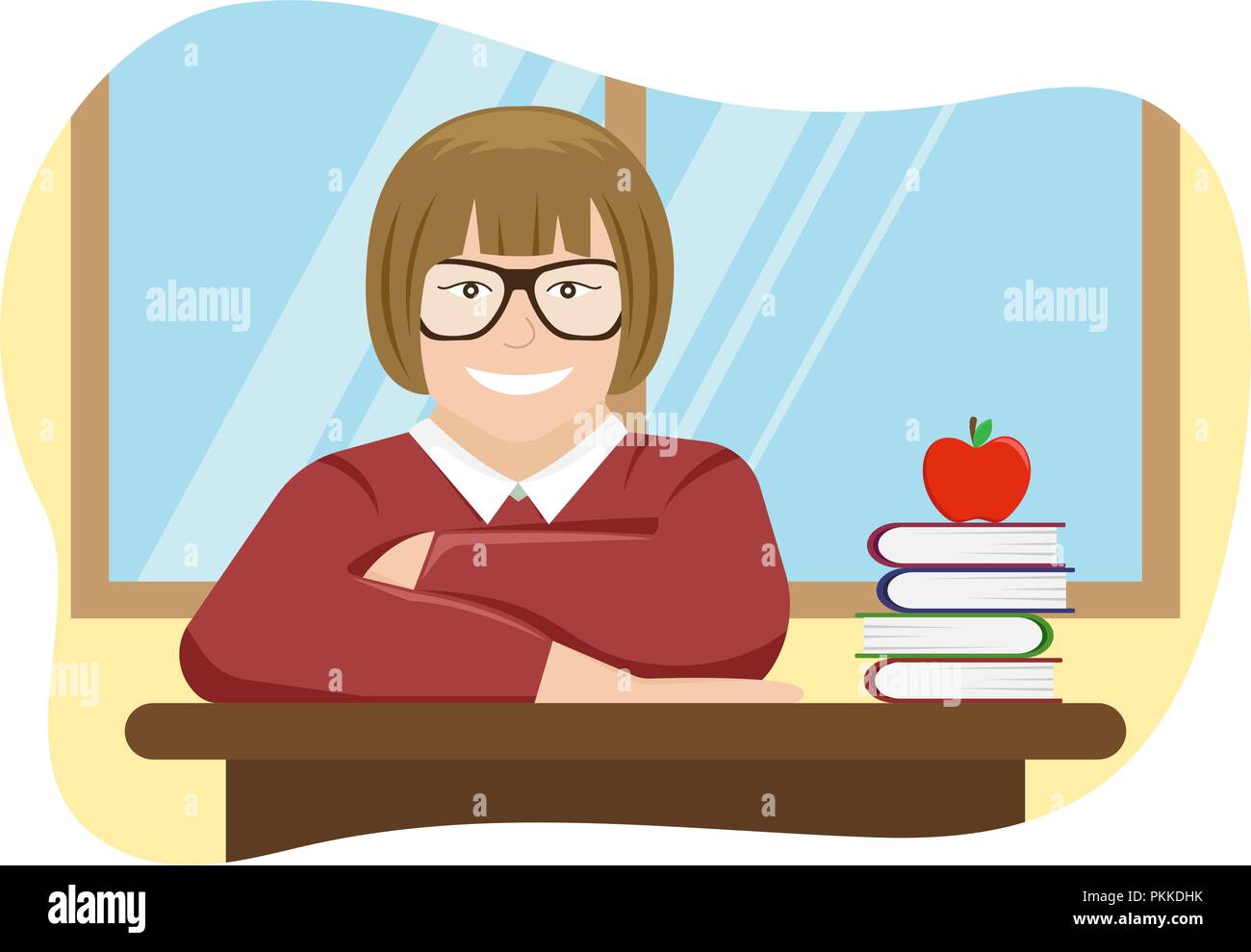 Vector illustration of the school student behind a school desk with ...