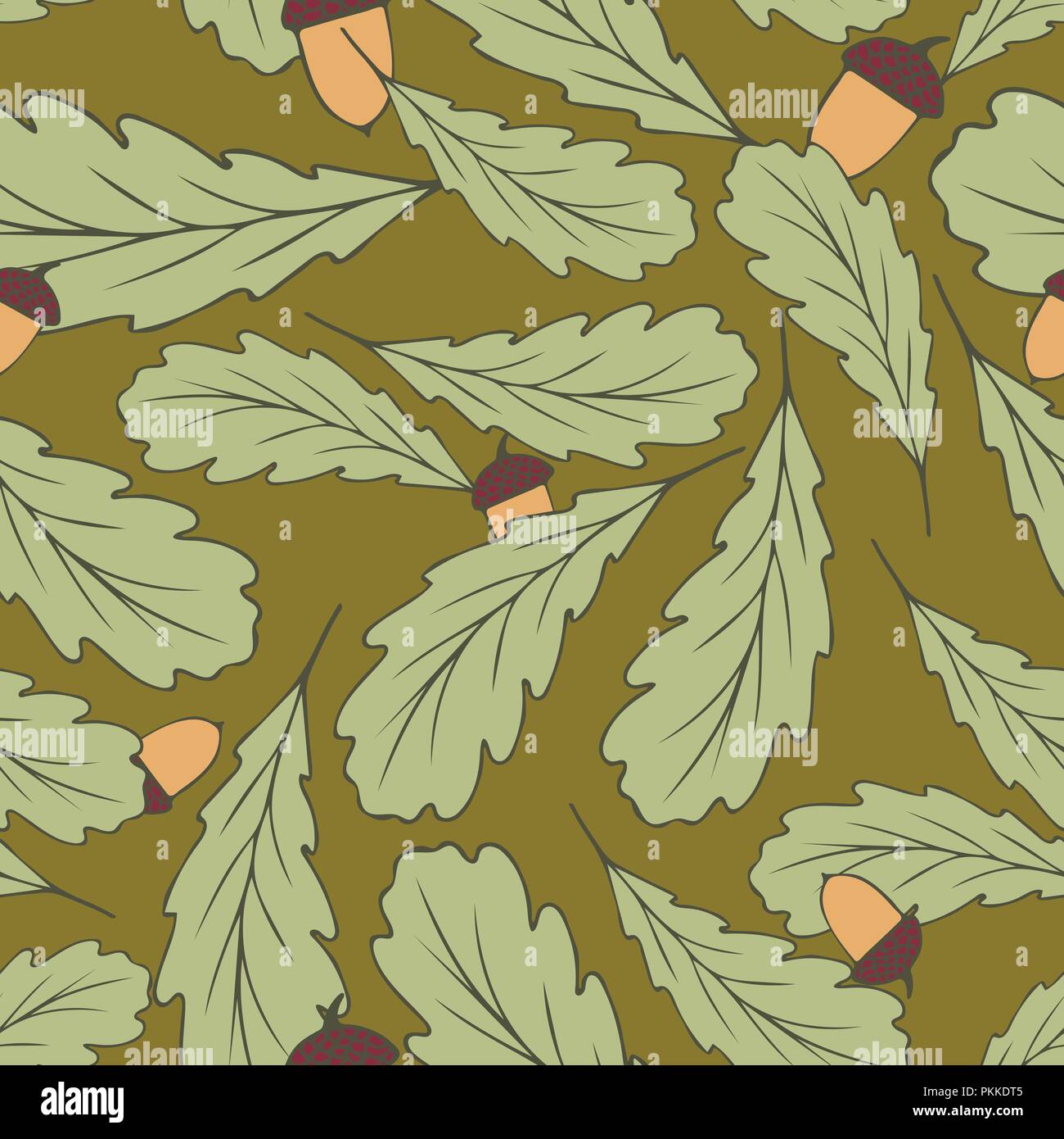 Gentle flower seamless pattern with hand-drawn oak leaves and acorns ...