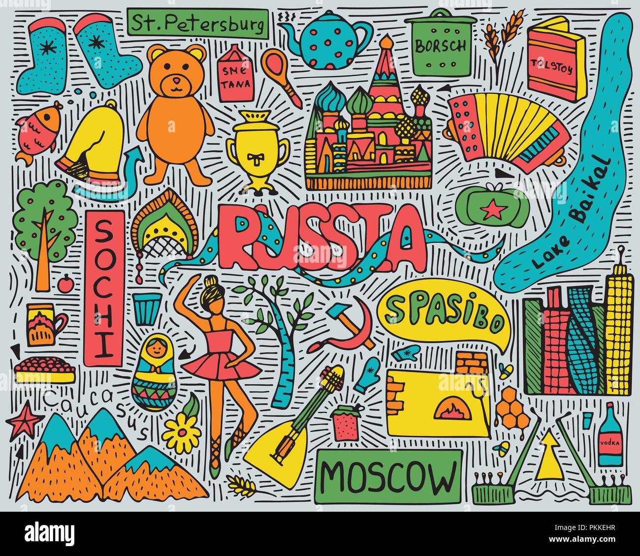 Hand-drawn color doodle poster with Russian sights and symbols Stock ...