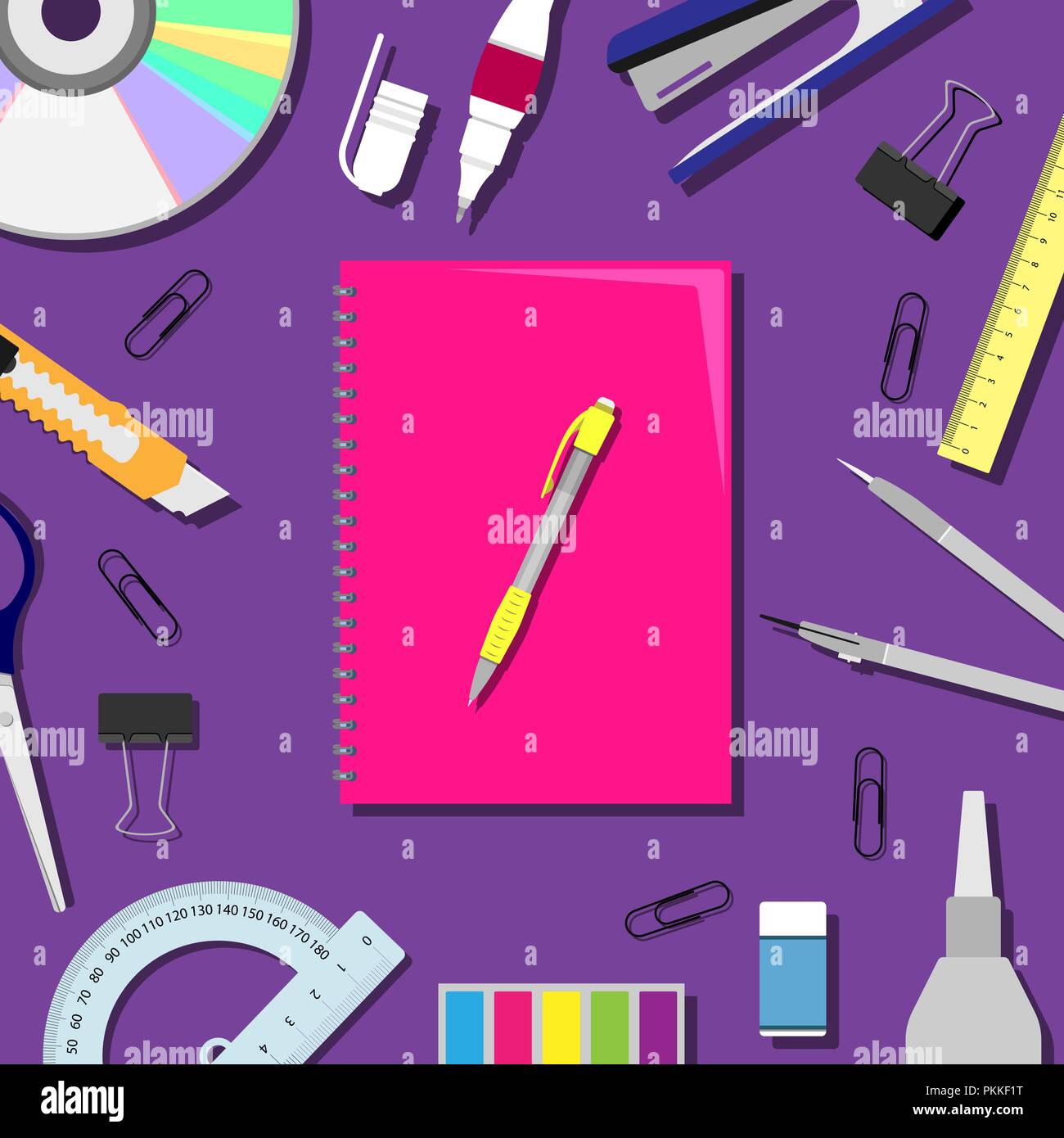 Flat lay vector illustration with a notebook and stationery Stock ...