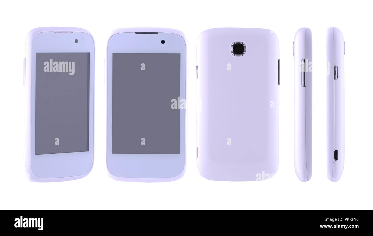 with different sides of a mobile phone on a white background. for copy ...