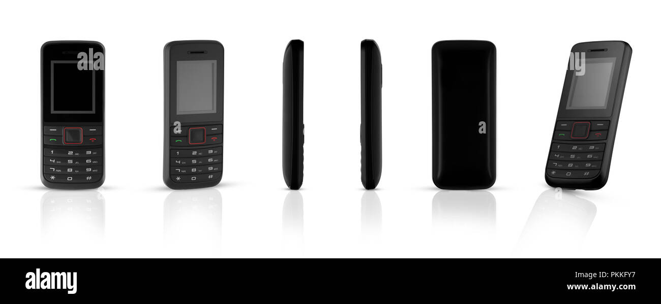 from different angles push-button mobile phone on white background with ...