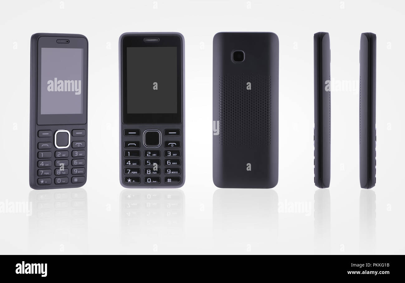 from different angles push-button mobile phone on white background with ...